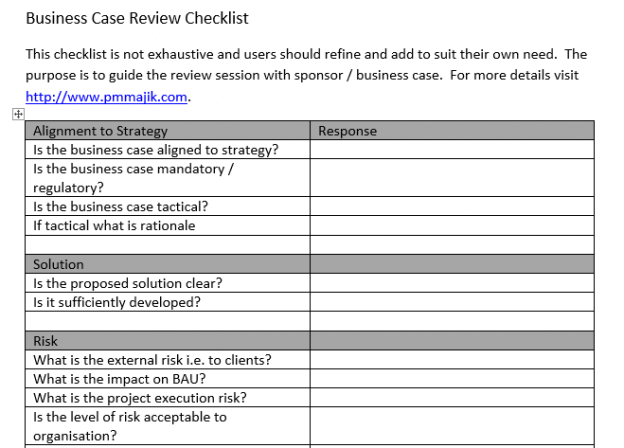 PMO Business Case Review Checklist inc FREE Template